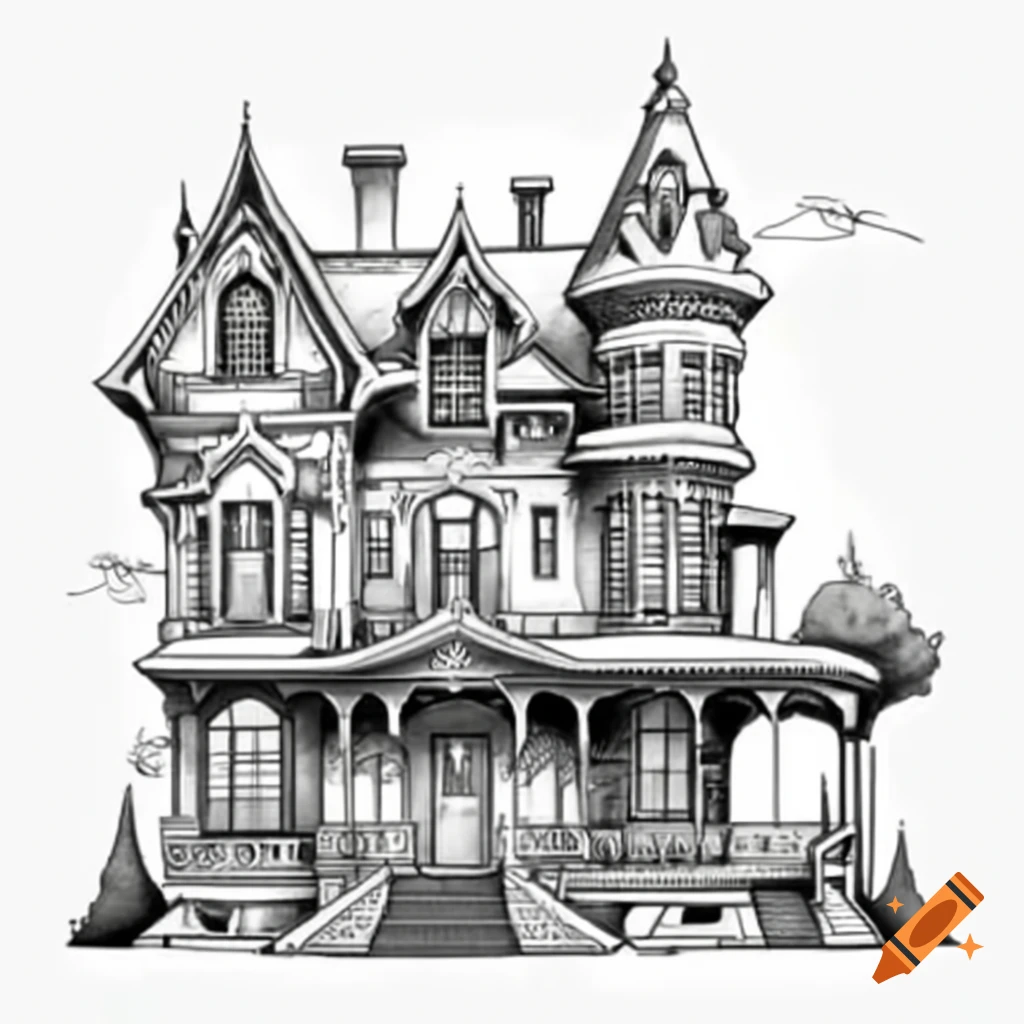 Outline drawing of traditional victorian haunted mansion in black and ...