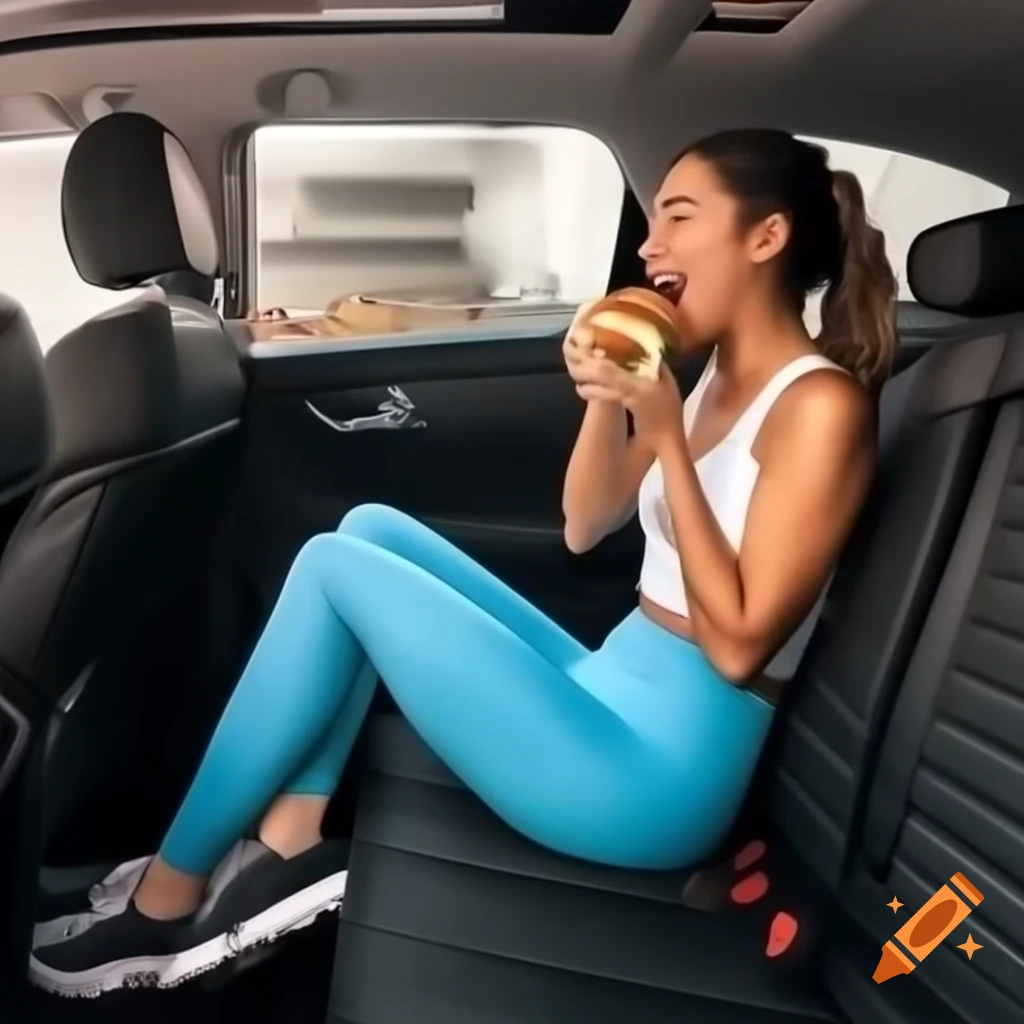 Illustration of a young woman smiling while driving a car in the city. on Craiyon