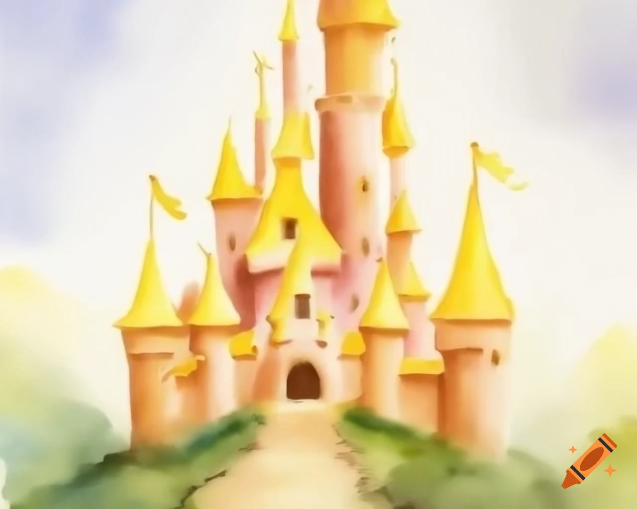 Watercolor fairy castle in black and gold storybook style on Craiyon