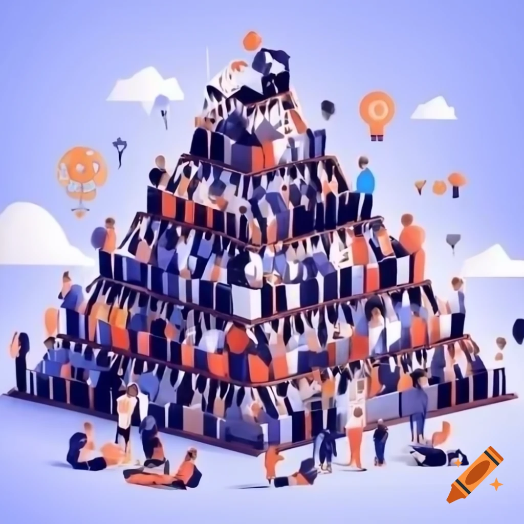 Cartoon of corporate management board atop large pyramid representing ...