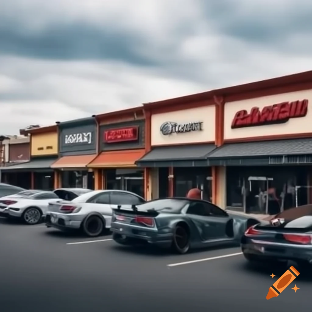 Street lined with shops featuring racing car setups on Craiyon