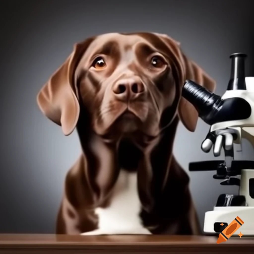 Chocolate labrador in lab coat looking through microscope on Craiyon