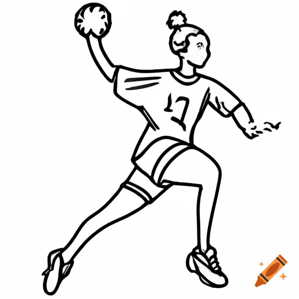 Black and white line drawing of female handball player in action on Craiyon