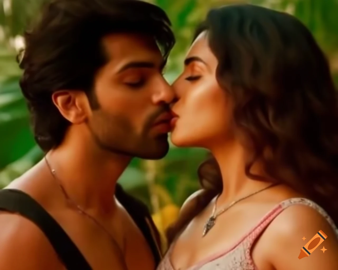 Couple sharing a kiss surrounded by lush greenery at sunset on Craiyon