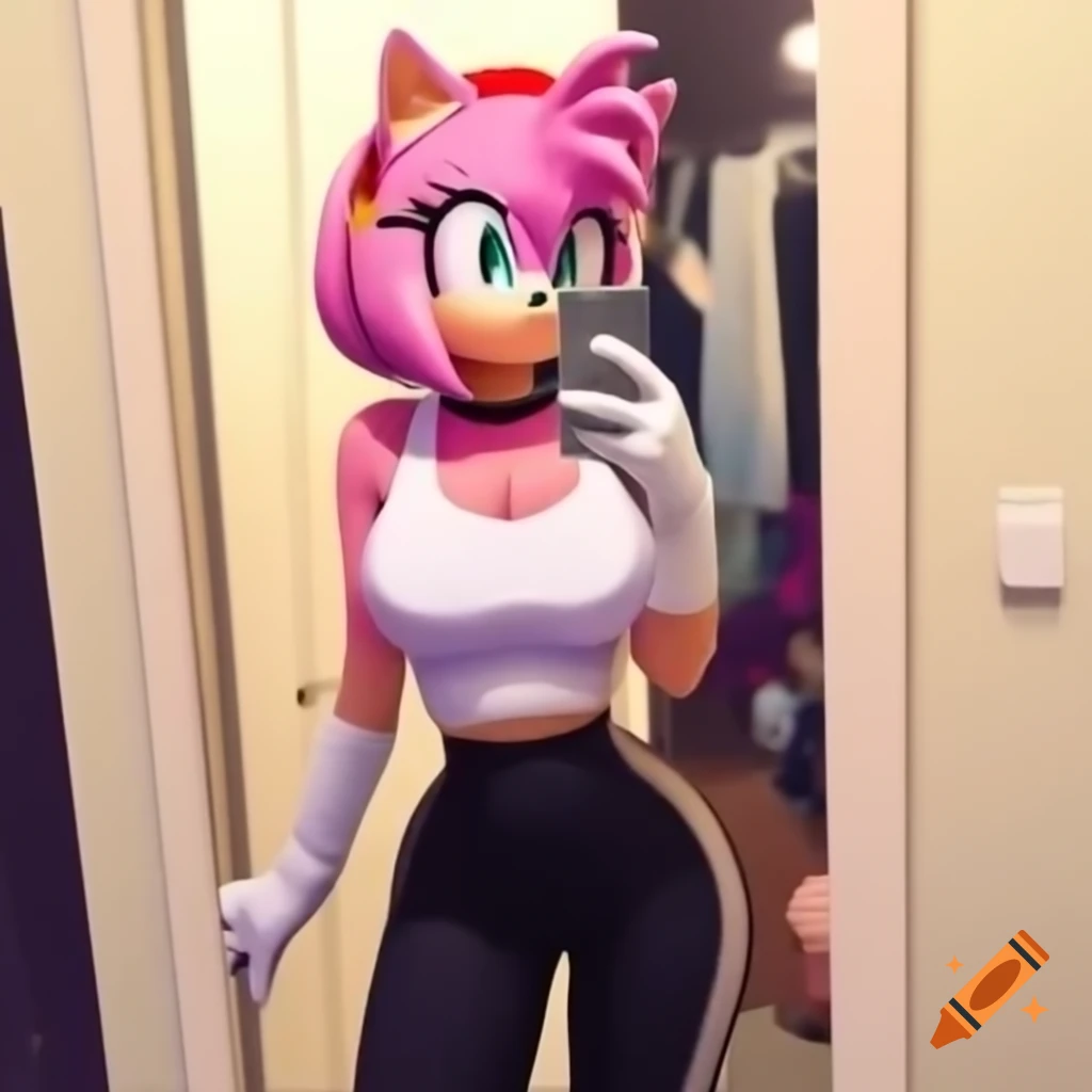 Amy Rose admiring herself in the mirror, wearing fashionable attire on ...