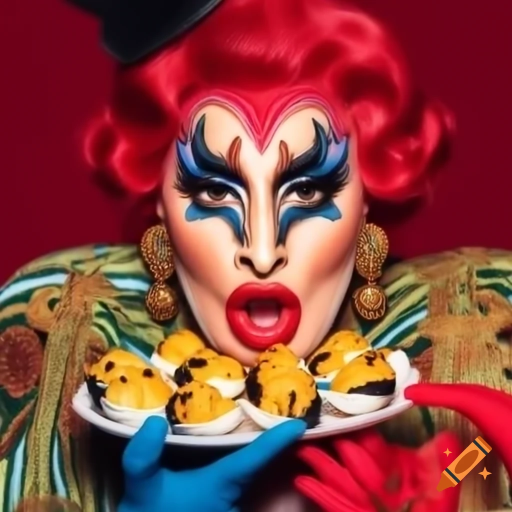 Drag queens preparing deviled eggs in a vibrant kitchen on Craiyon