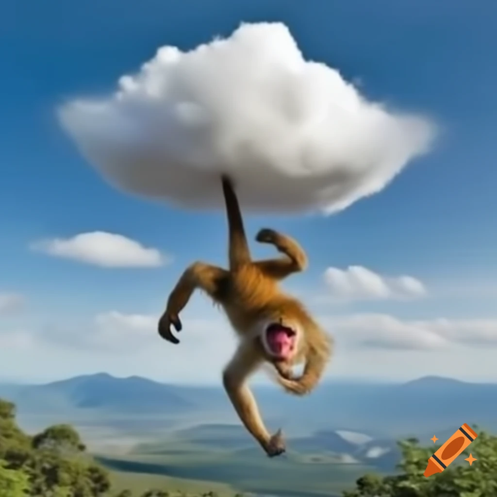 Upside-down monkey shaped cloud against a blue sky on Craiyon