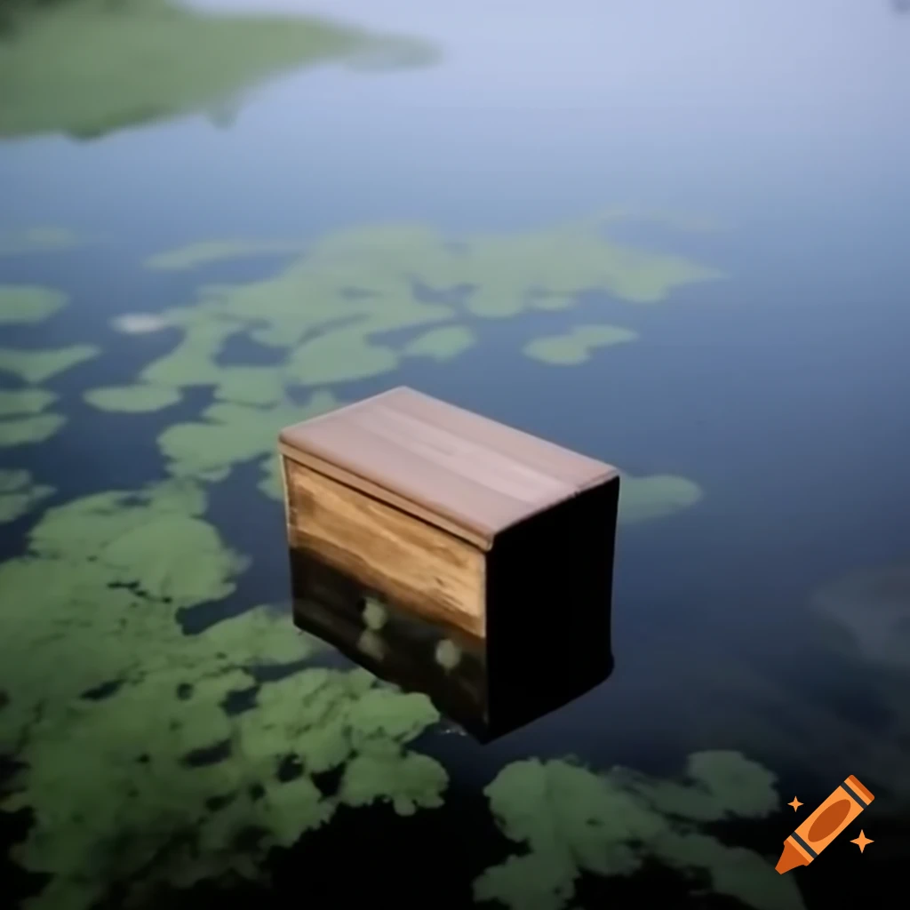 Old wooden box on Japanese lake with flora and fauna, 8k quality on Craiyon