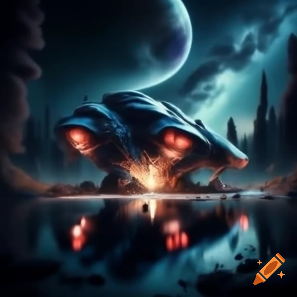 Alien spaceship with blue and red lights in lake under galaxy at night ...