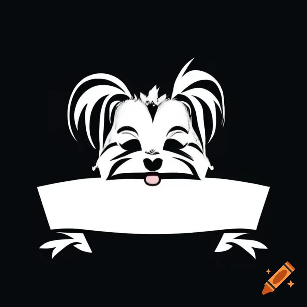 Minimalist black and white logo of happy Yorkshire terrier with ribbon ...