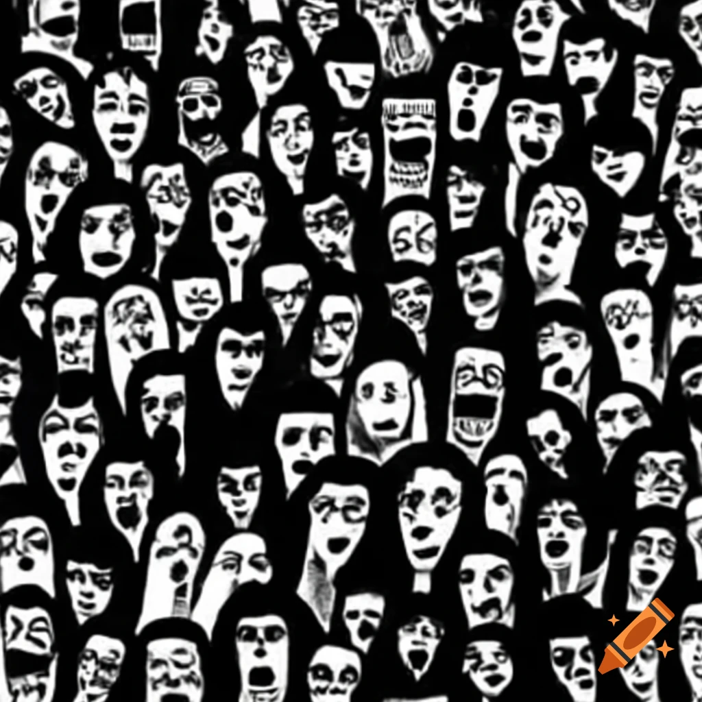 Black and white linocut artwork depicting a dense crowd of faces on Craiyon