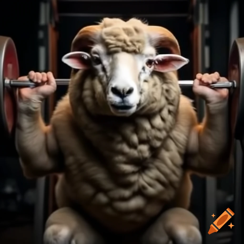 Sheep engaging in weightlifting exercise on Craiyon