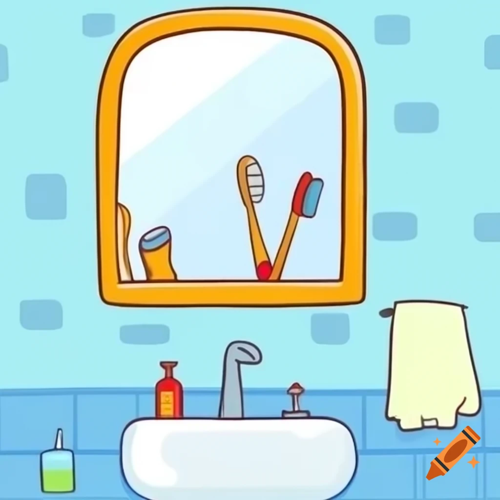 Cartoon bathroom sink with mirror and toothbrushes on Craiyon