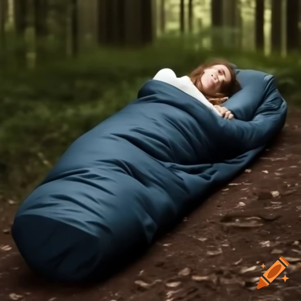 Young woman cuddled in sleeping bag near forest on Craiyon