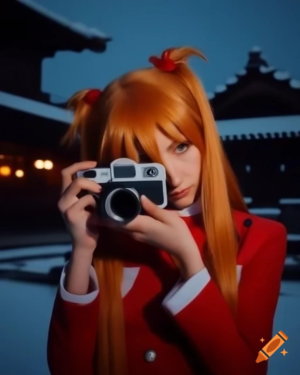Asuka Langley cosplay actress in snowy Japanese town, holding Polaroid ...