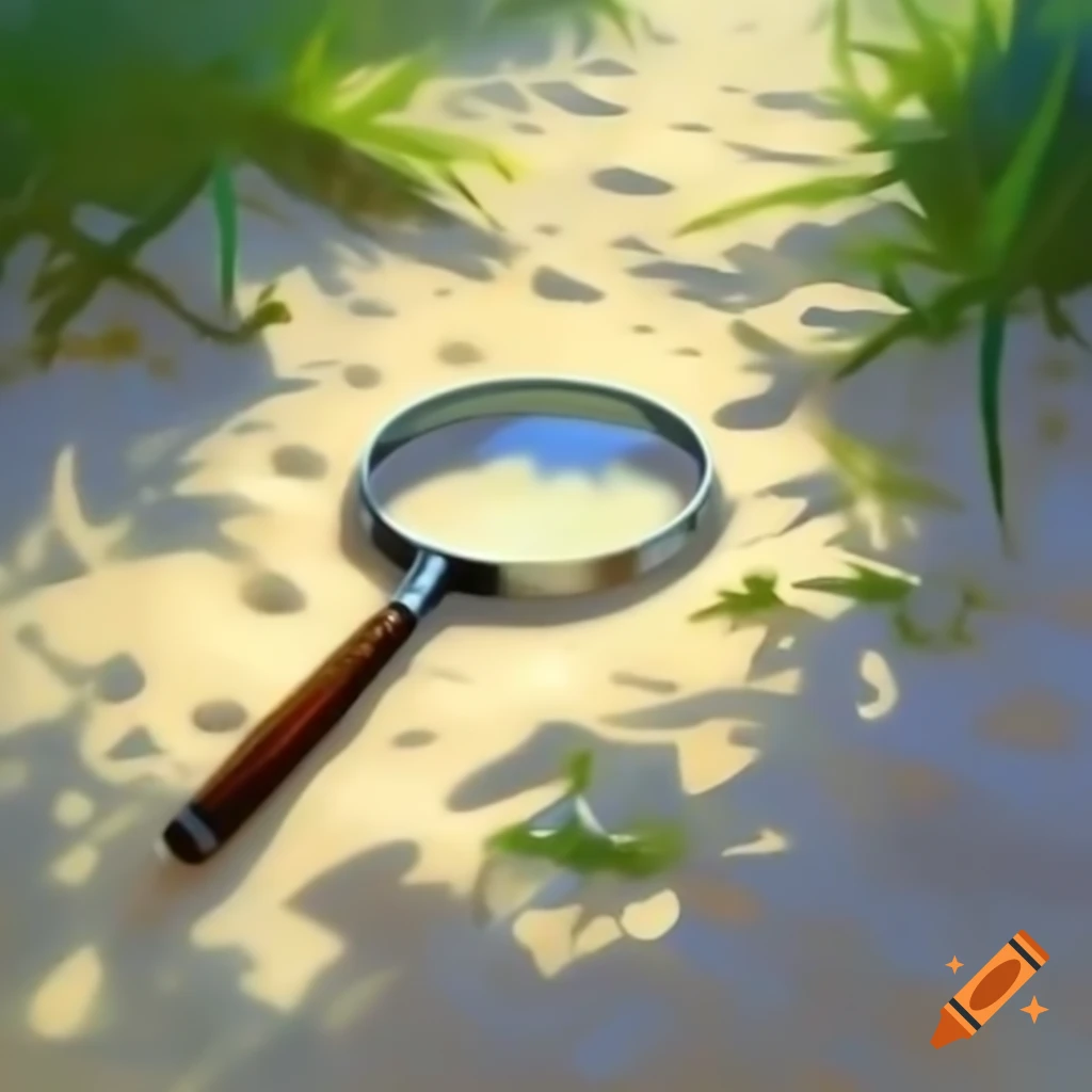 Large magnifying glass on sandy path surrounded by vegetation, detailed ...