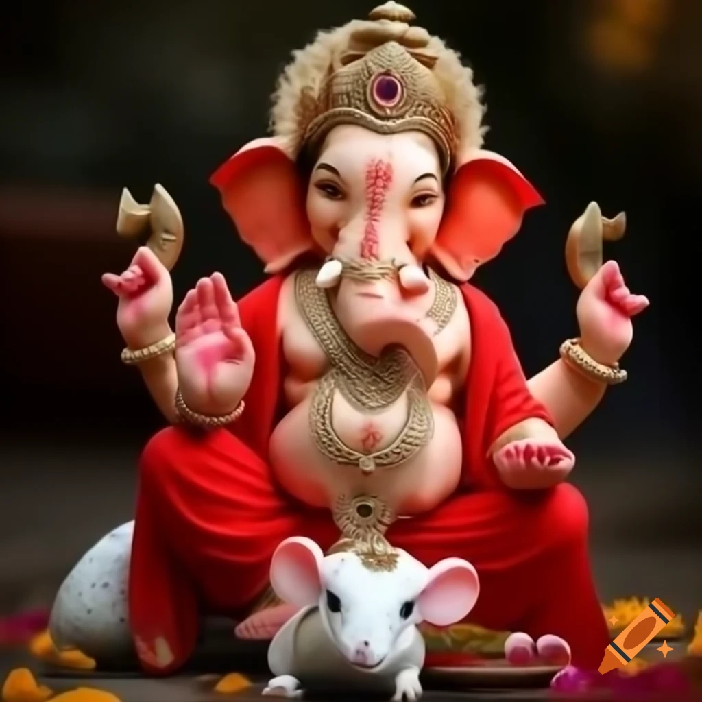 Lord Ganesh in red cloth sitting on a white mouse on Craiyon
