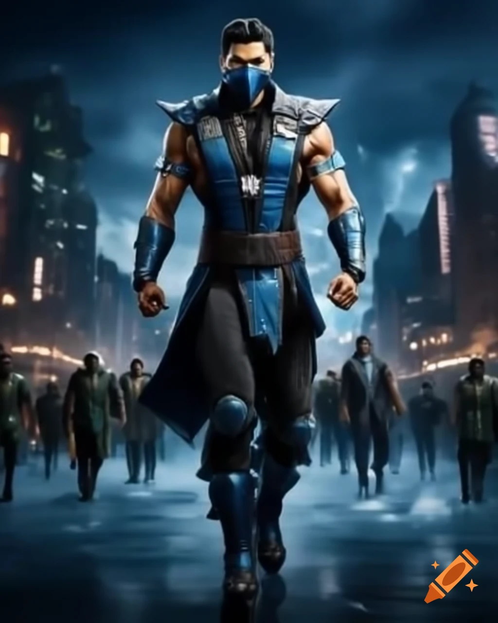 Sub Zero character ice skating on frozen lake in romantic city square ...