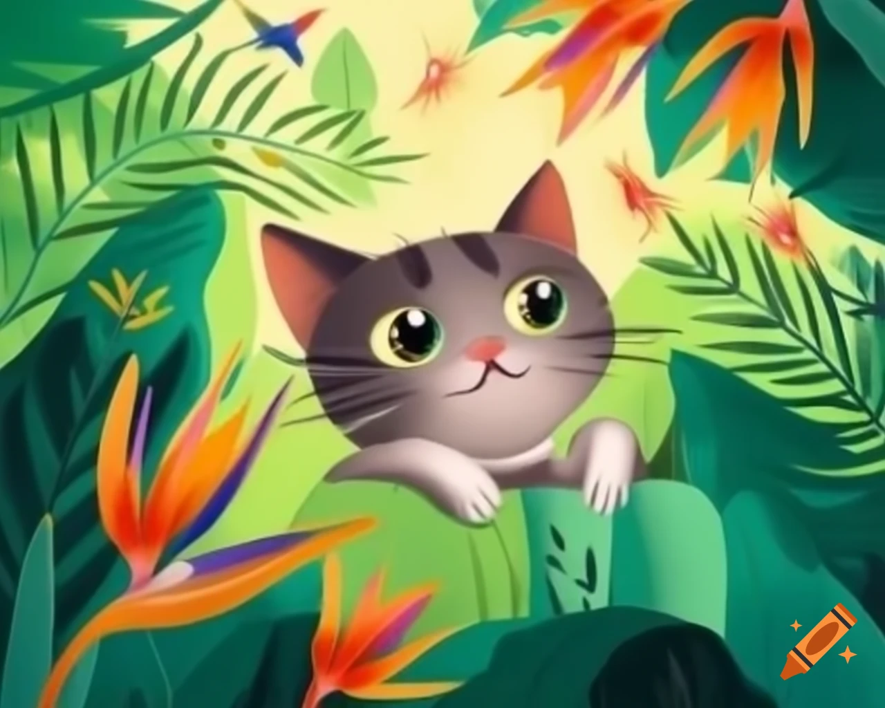 Cat with dreamy expression in a colorful jungle landscape with flowers and birds of paradise on ...