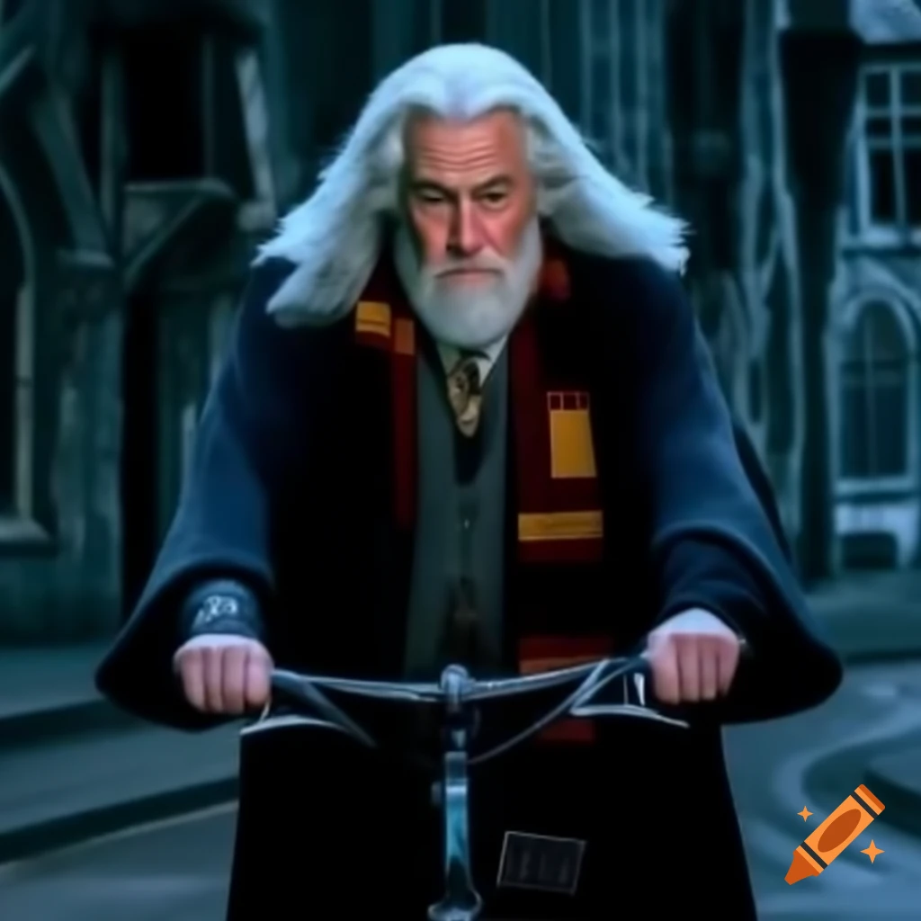 Dumbledore from harry potter riding a bicycle on Craiyon