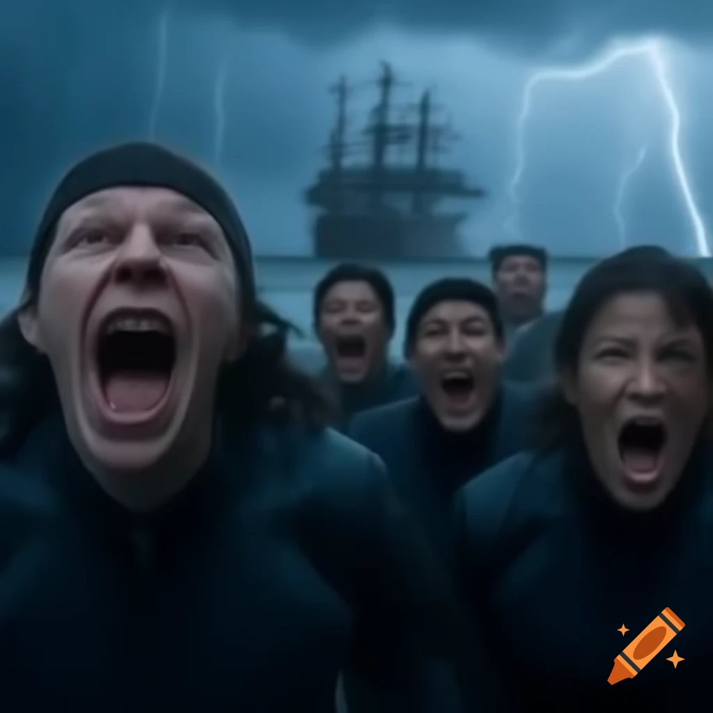 Panicked people in foreground during thunderstorm as ship sinks on Craiyon