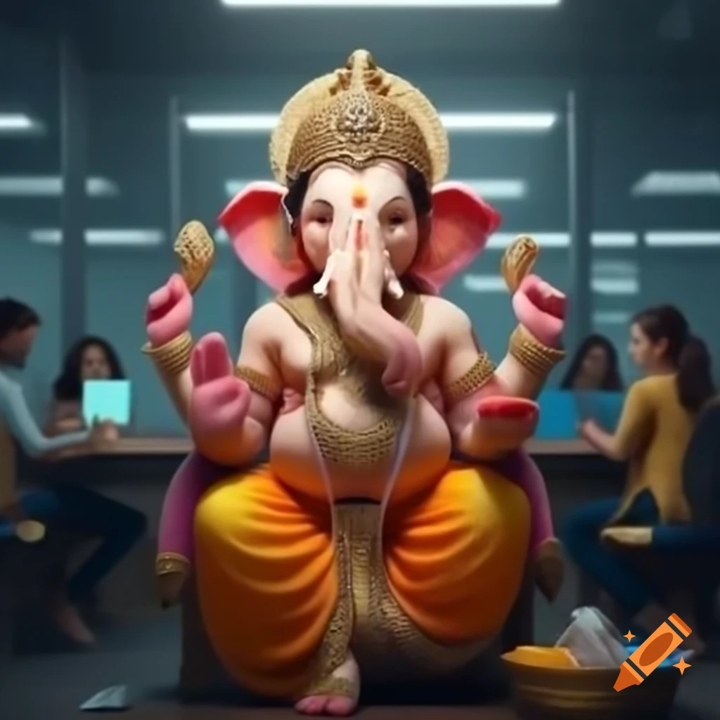HD image of Ganpati Bappa with people performing aarti in office on Craiyon
