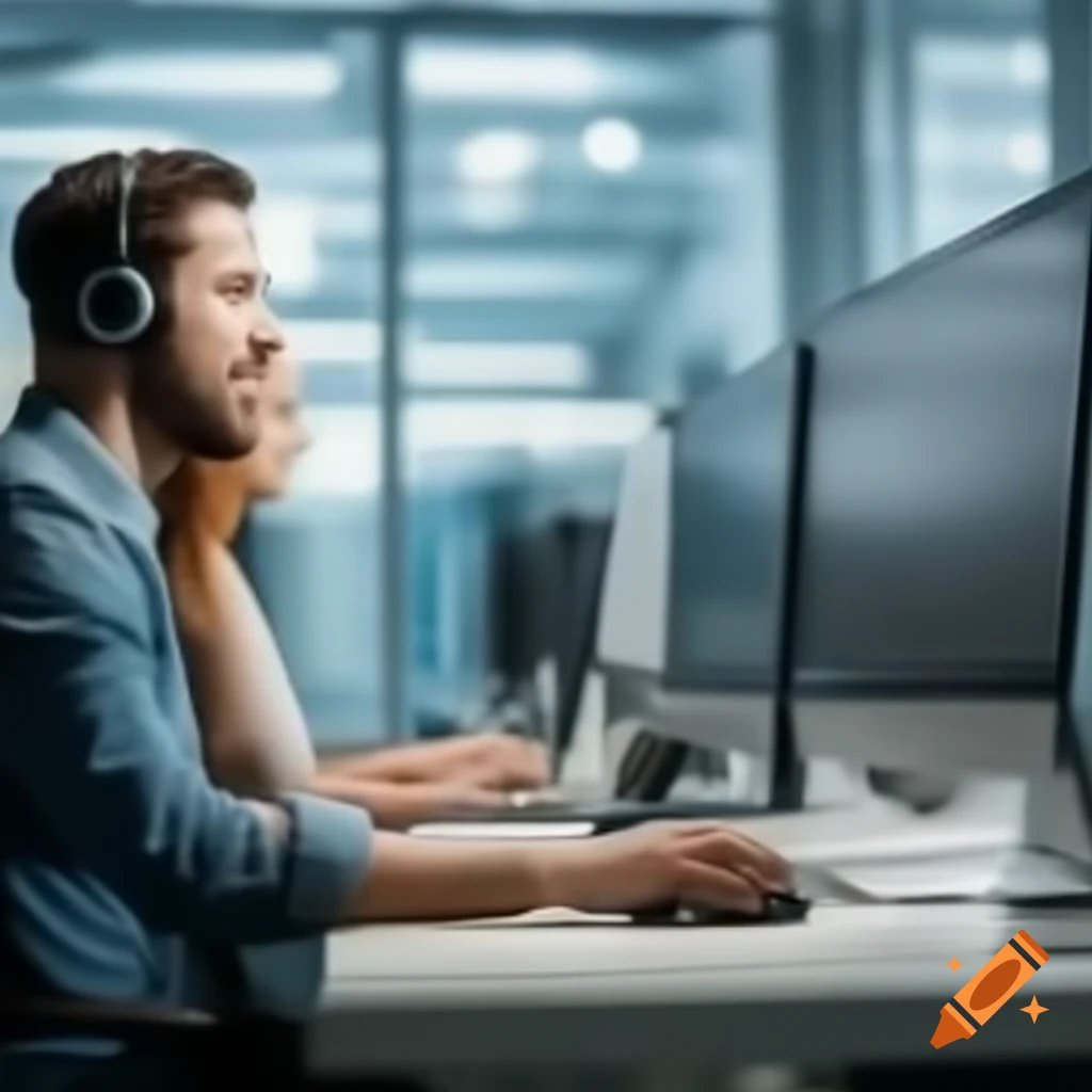 Call center environment with staff working at computers on Craiyon