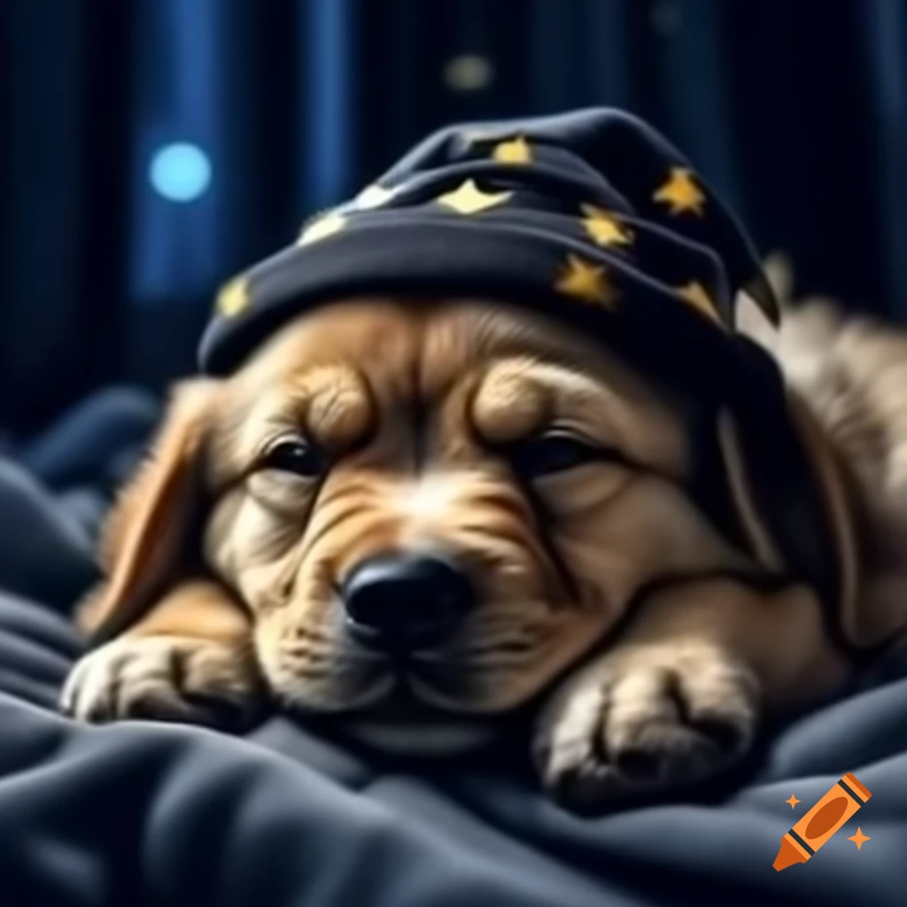Sleepy puppy in starry night cap, highly realistic and detailed on Craiyon