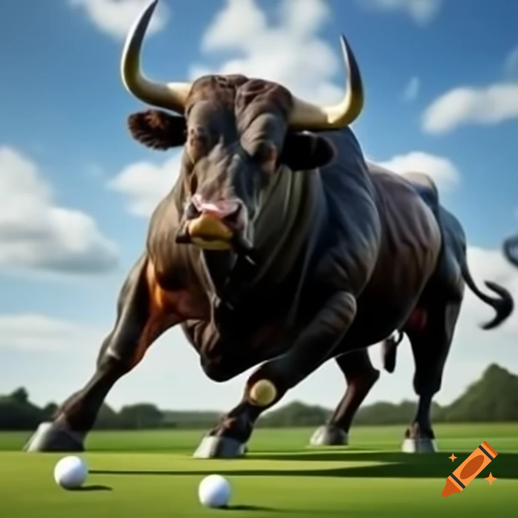 Bull playing golf on a green course on Craiyon