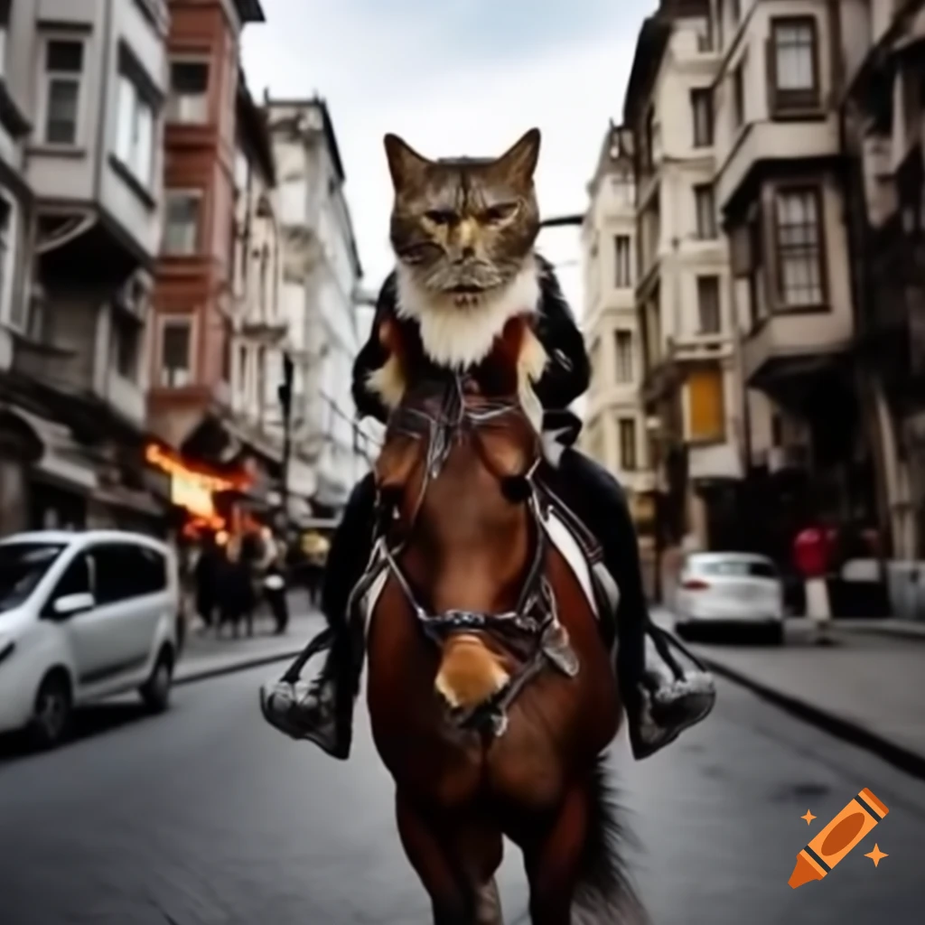 Cat riding horse in the streets of Istanbul on Craiyon