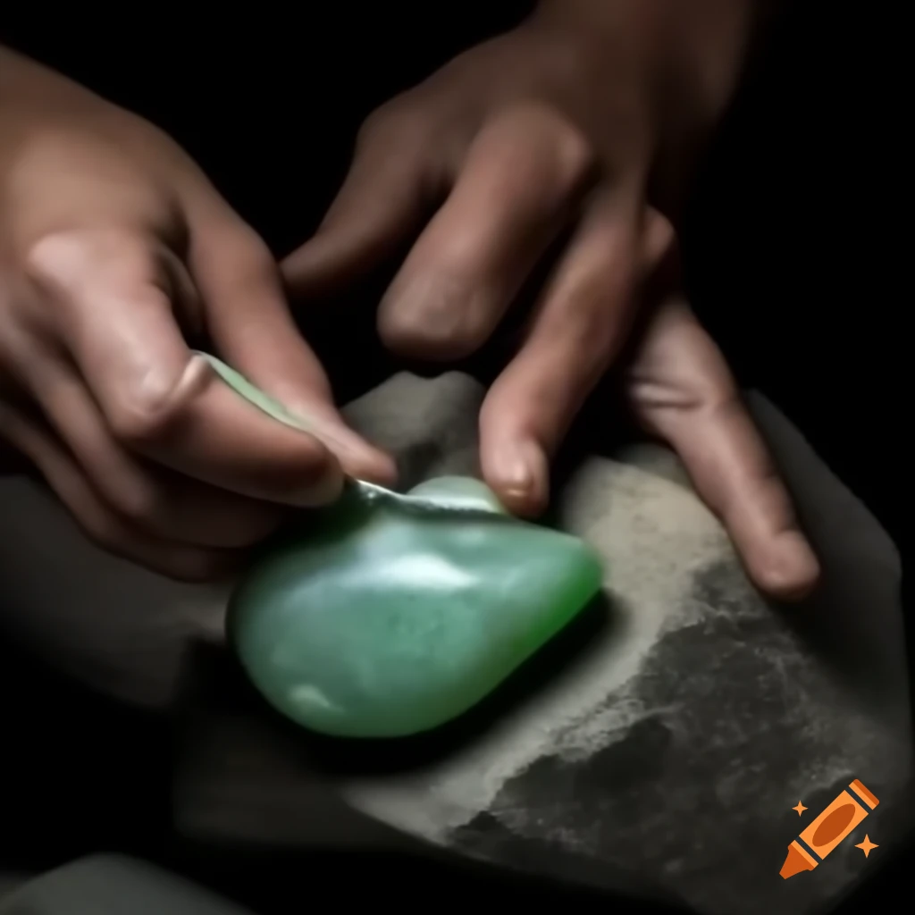 Chinese craftsmen creating jade artifact from Neolithic era on Craiyon