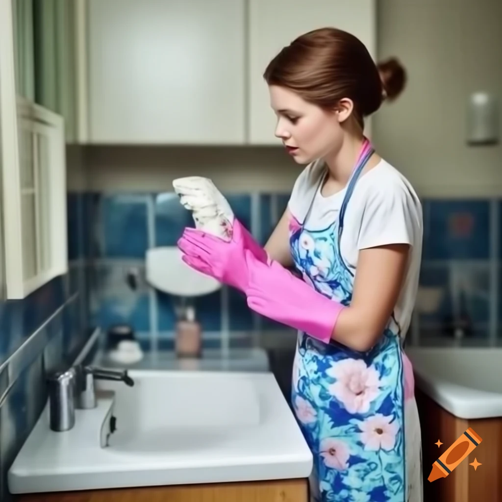 Caucasian woman in floral apron loading washing powder in laundry sink ...