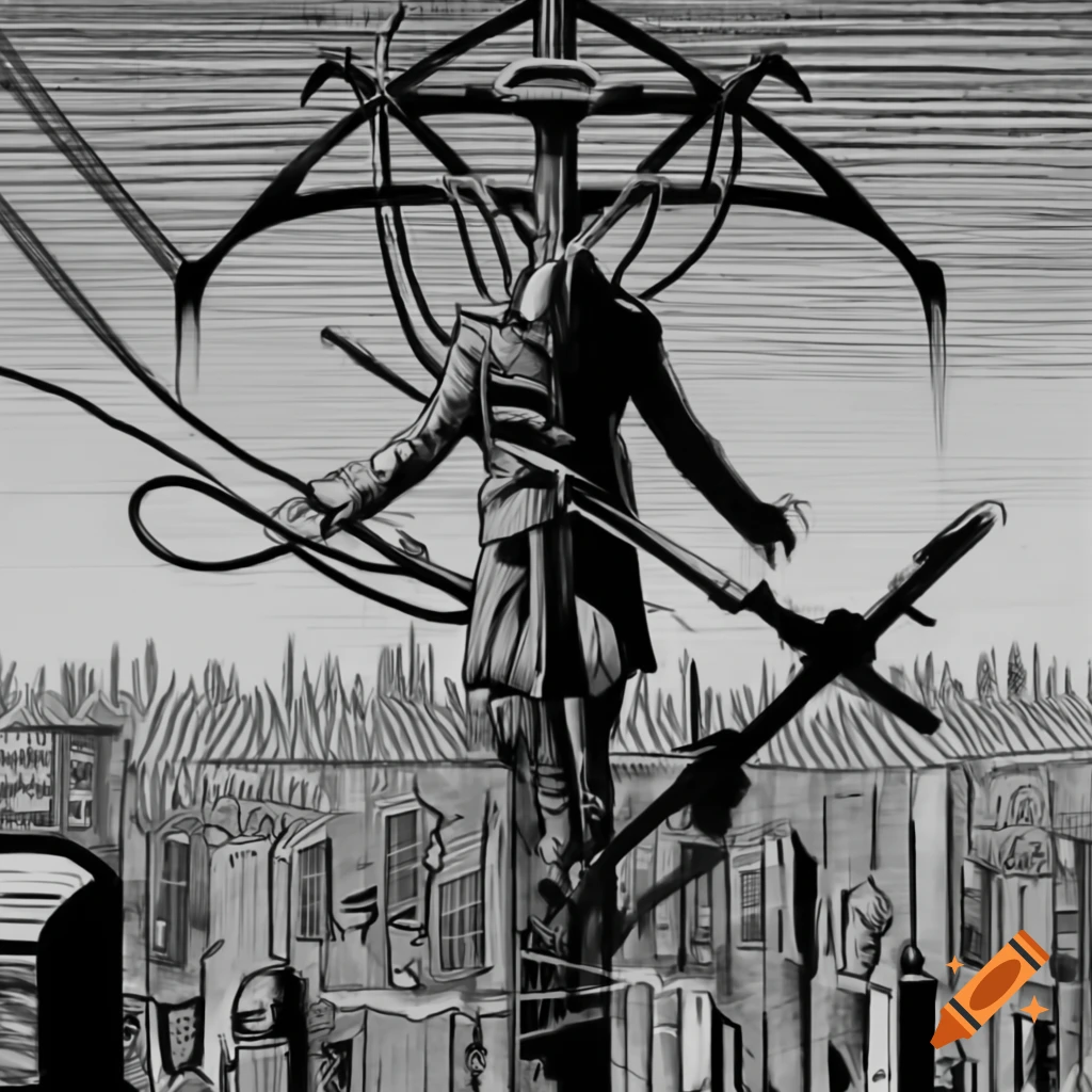 Gothic line art of man on cell phone tower with dystopian city, black ...