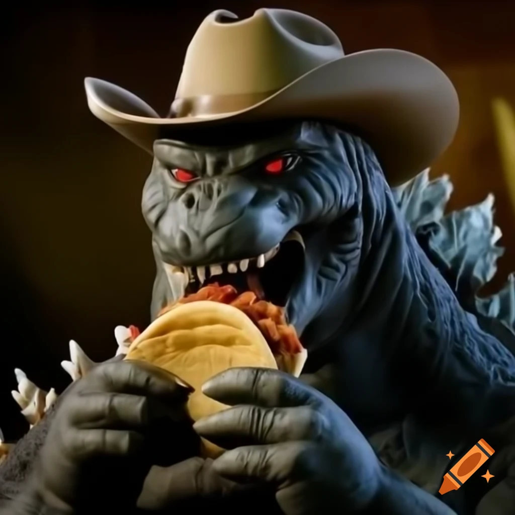 Godzilla eating a taco while wearing a cowboy hat on Craiyon