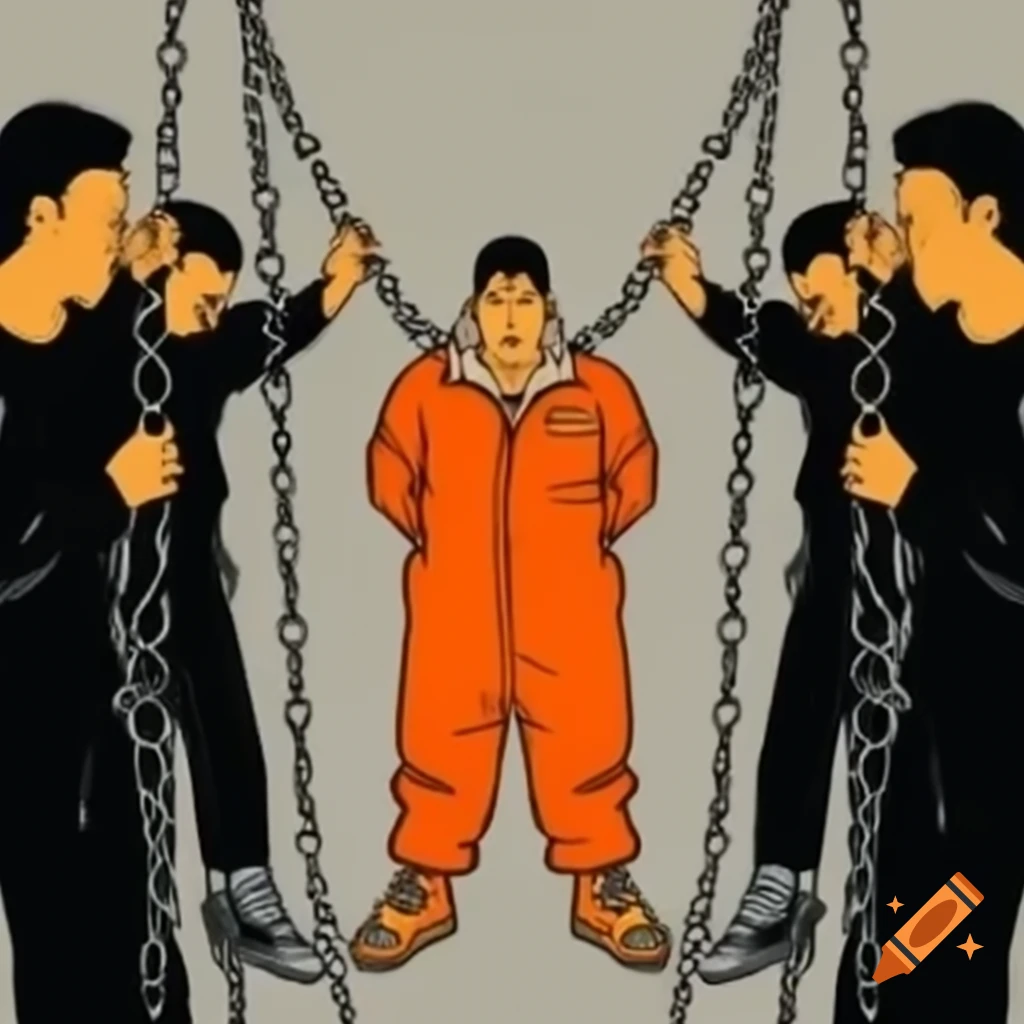 Cartoon of prisoners in orange jumpsuits being led by men in black on ...