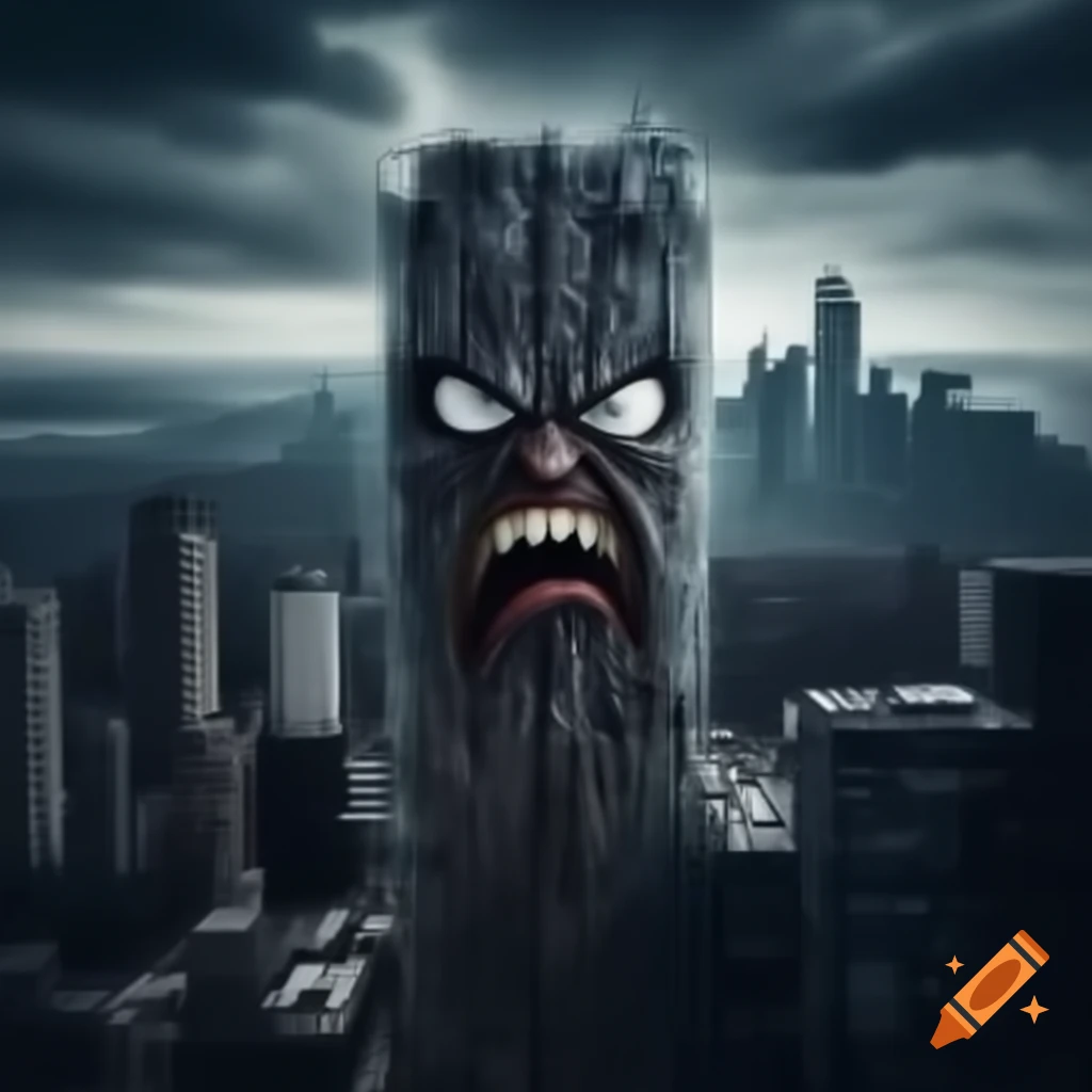 Angry skyscraper with face in a humorous art style on Craiyon