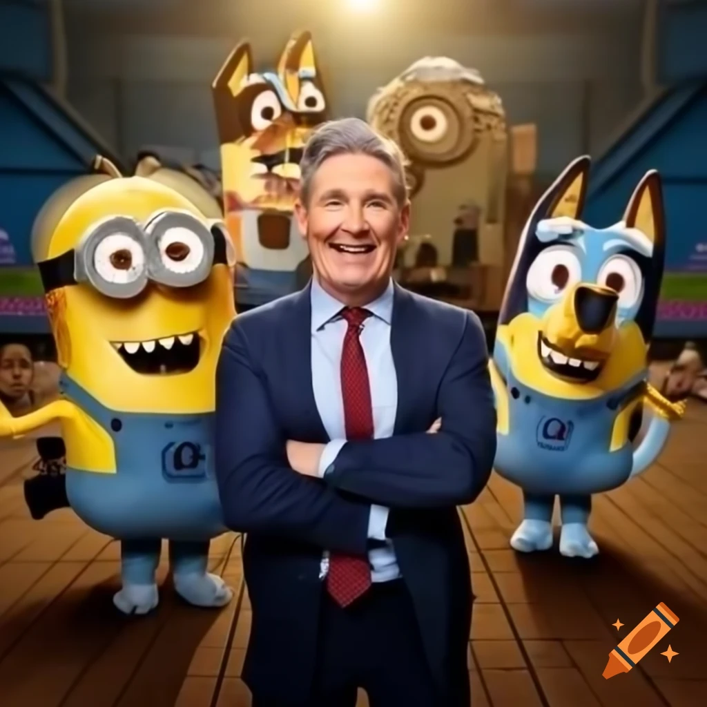 Keir Starmer alongside Minions, Gru, and Bluey characters on Craiyon