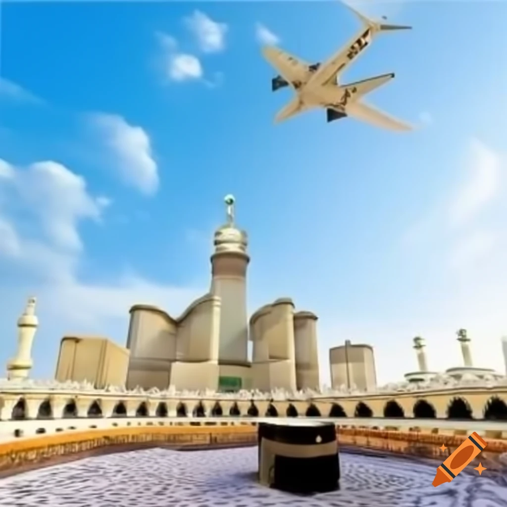 Illustration of mecca and madina separated by a line with airplane ...