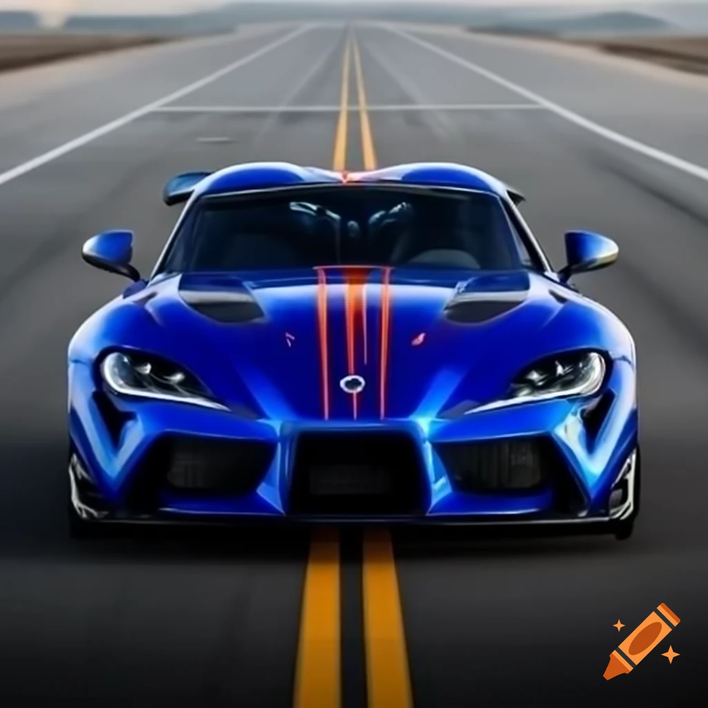 Metallic blue Supra with orange stripes and detailed body lines on Craiyon