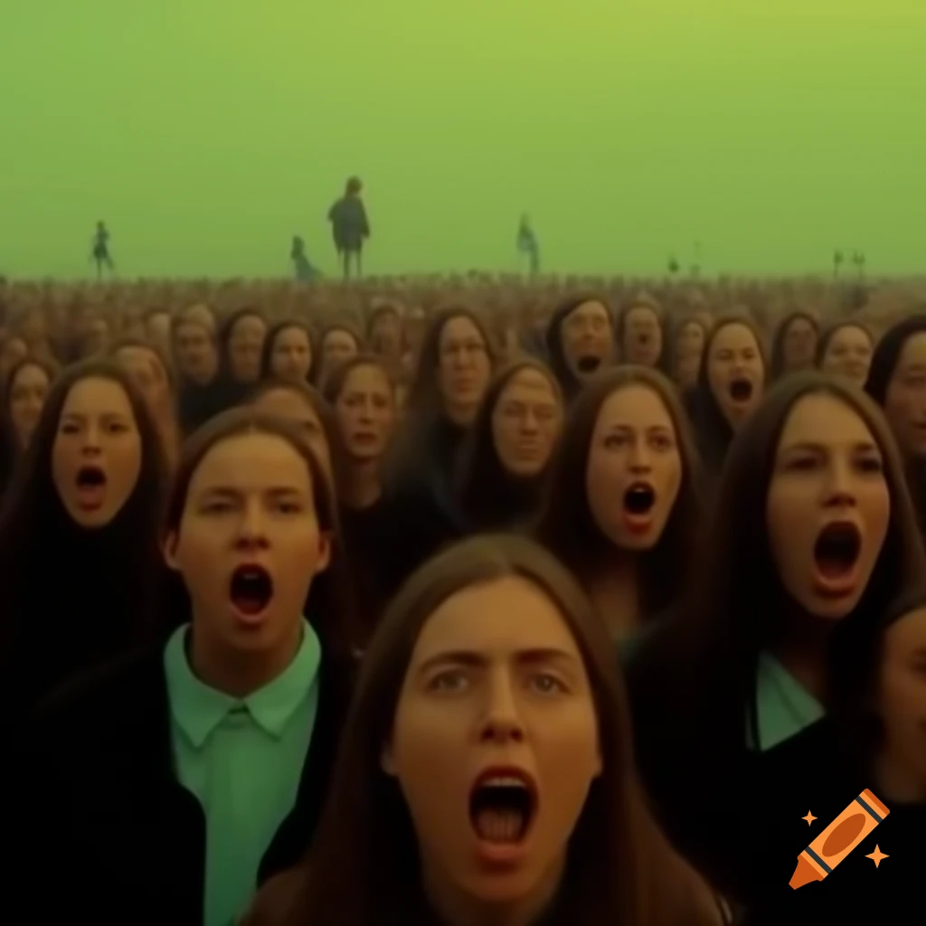 Crowd of people observing under realistic skies with lime color palette ...