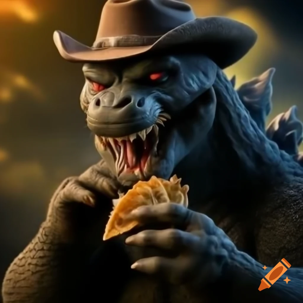 Godzilla eating a taco while wearing a cowboy hat on Craiyon