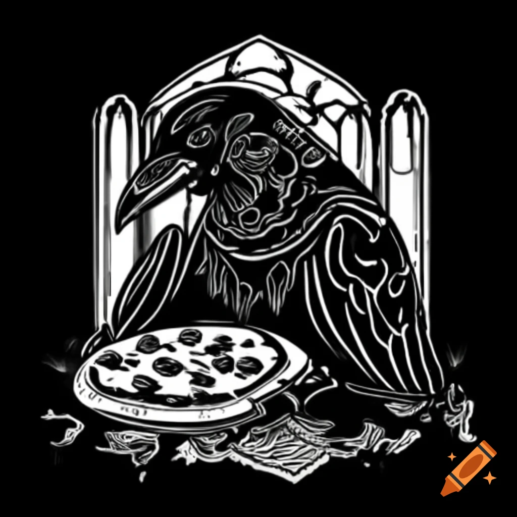 Psychedelic black and white drawing of raven eating neapolitan pizza in ...