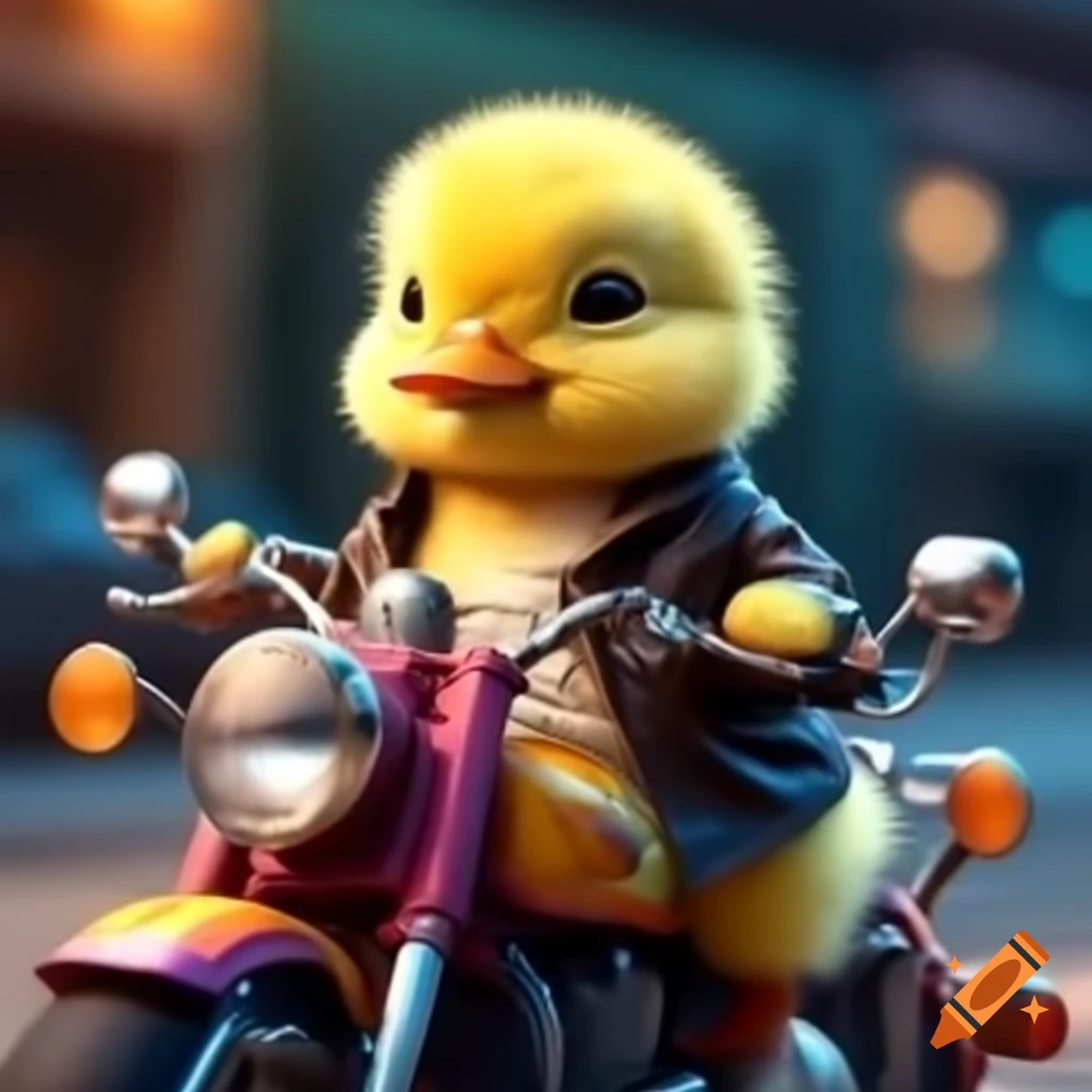 Cute yellow duckling in leather jacket riding a motorcycle on Craiyon