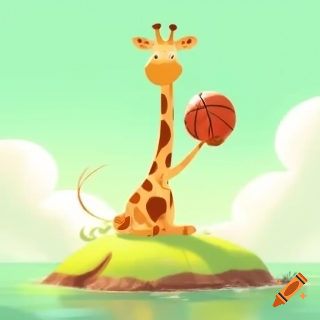 Giraffe playing basketball on an island with light green sky on Craiyon