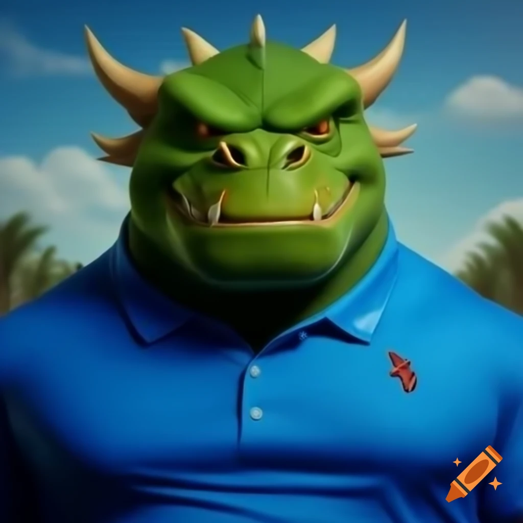 Muscular dragon wearing blue golf shirt on Craiyon