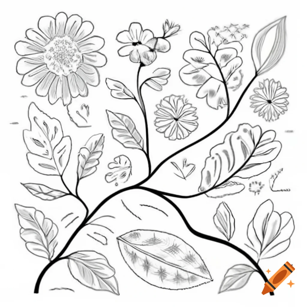 Branch with various flowers and leaves in black and white for coloring ...