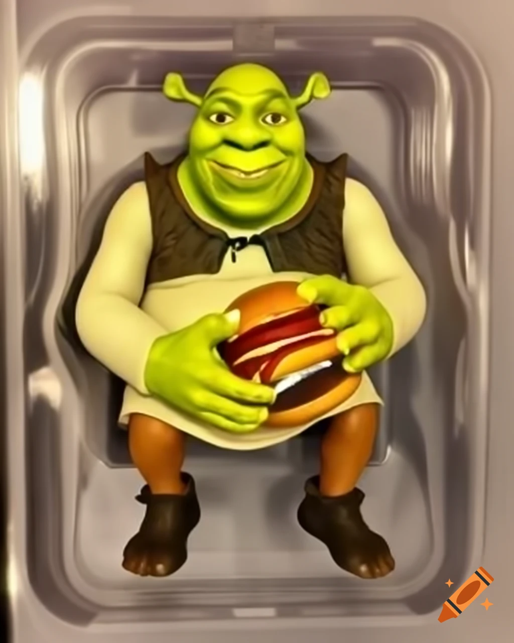 Shrek character holding a gun in a humorous context on Craiyon