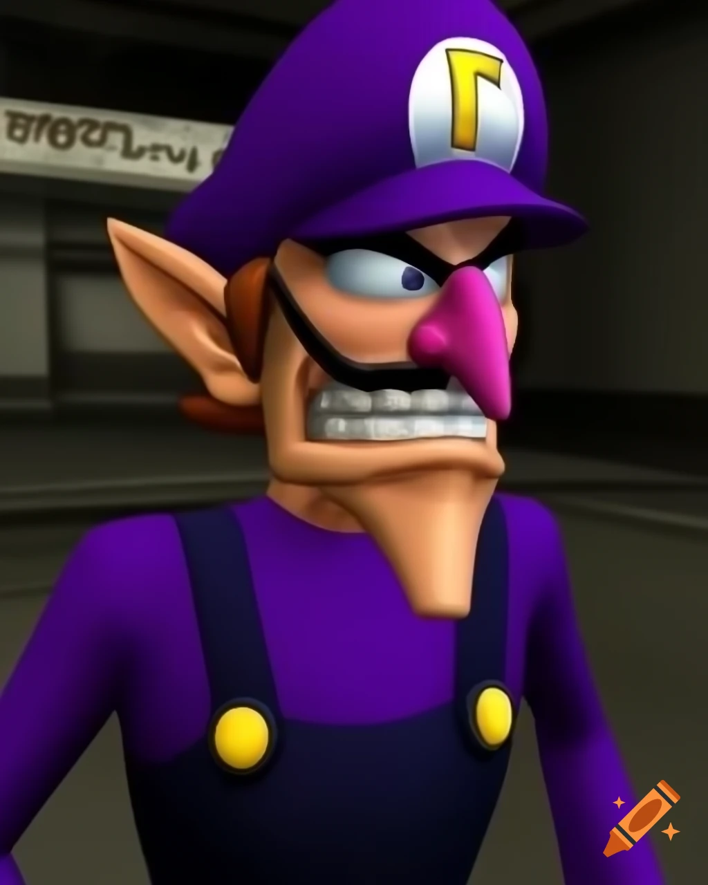 Intense cyborg Waluigi with muscular build in futuristic shadow on Craiyon