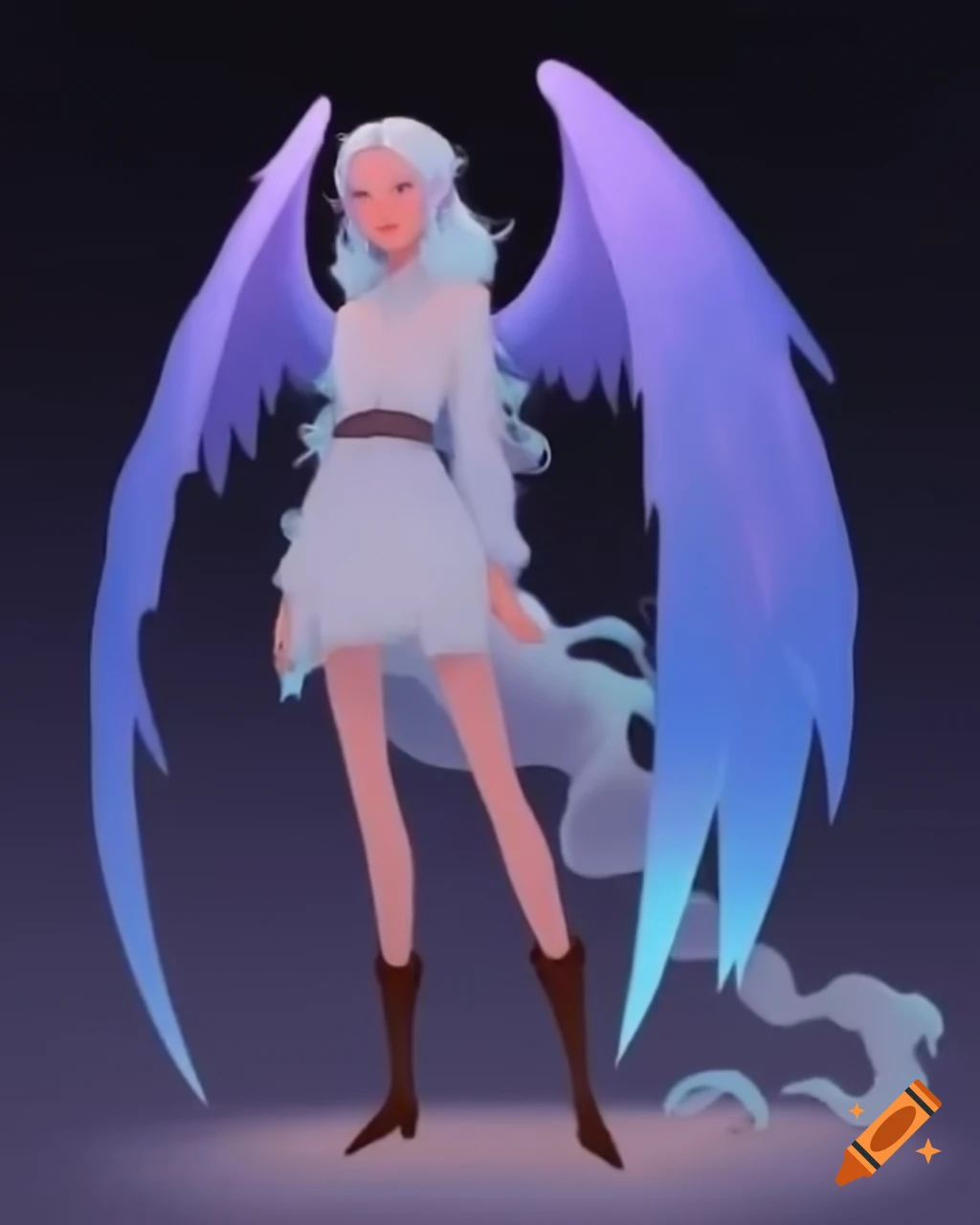 Cosmic aasimar girl with pearlescent hair and violet wings, arm stretched out on Craiyon