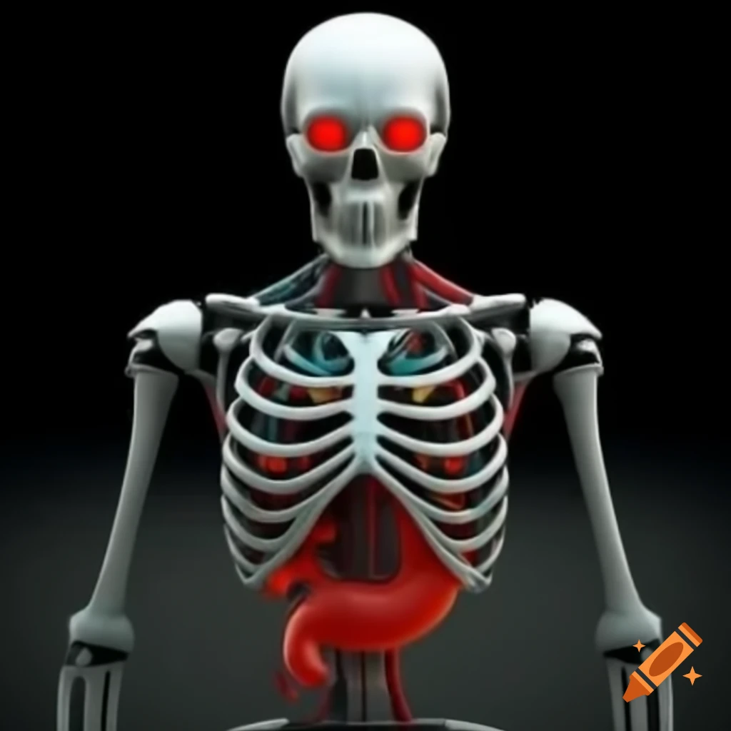 Humanoid robot with skeletal tungsten design and glowing red eyes on ...